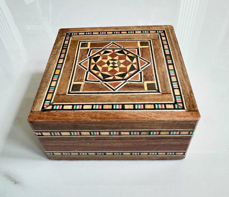 Mosaic Middle Eastern Ring Box: Handmade Walnut Inlay, Small Square ...