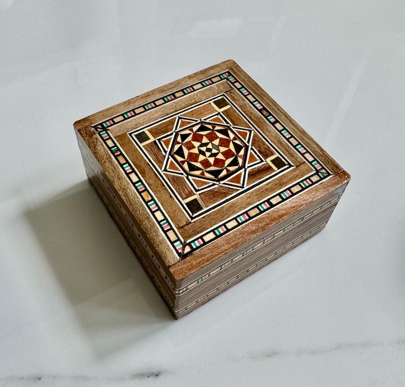Mosaic Middle Eastern Ring Box: Handmade Walnut Inlay, Small Square ...