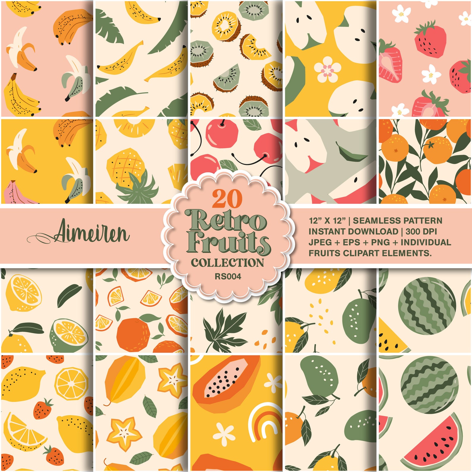 20 Retro Summer Fruits Seamless Patterns 80 Isolated - Etsy