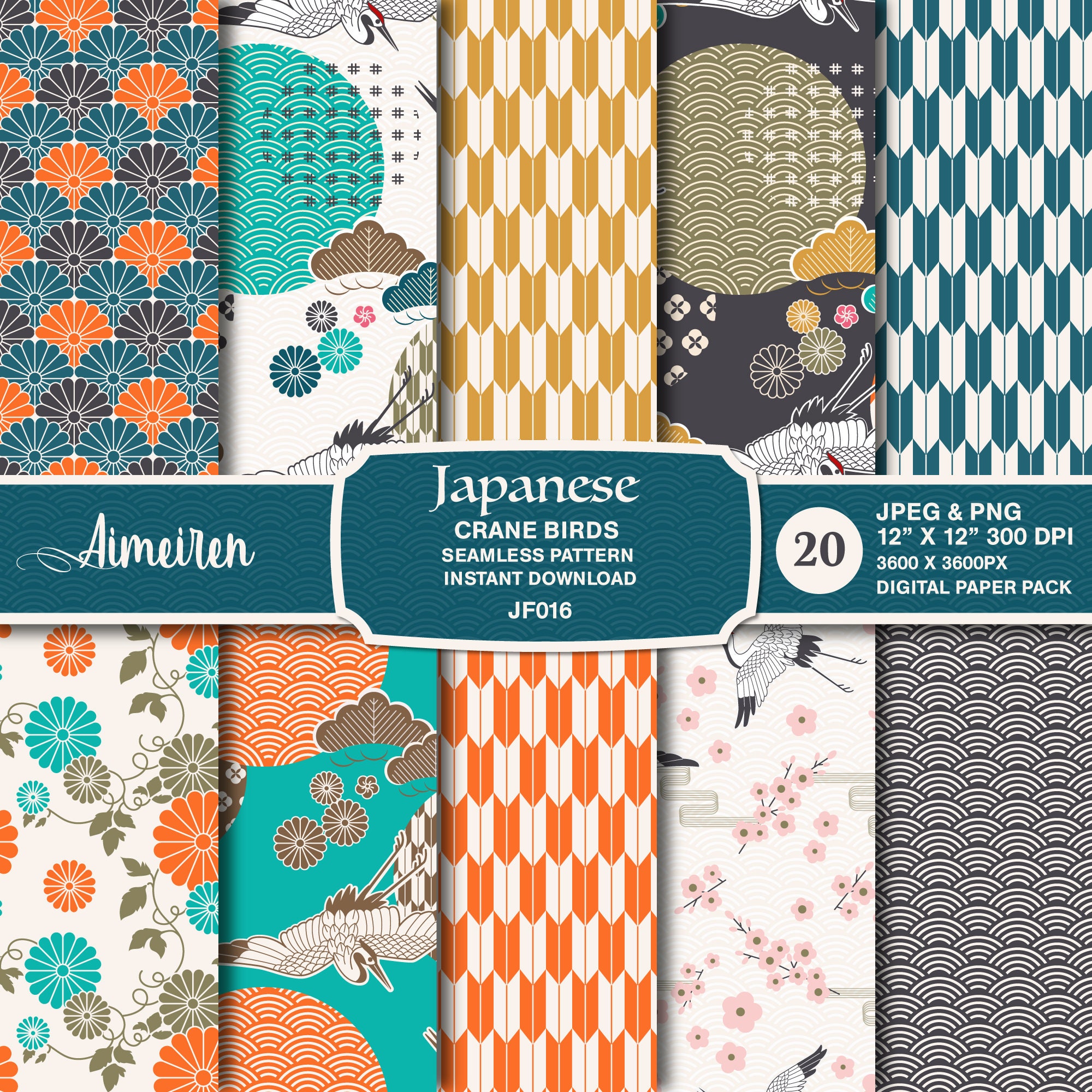 Japanese Cranes Gold Tsuru Vector Kimono Patterns Sakura Vintage ...