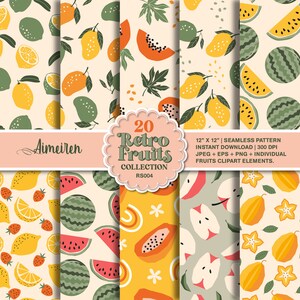 20 Retro Summer Fruits Seamless Patterns | 80 Isolated Cliparts | Juicy ...