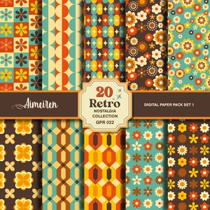 70s Retro Paper Set, Vintage Vector Abstract, Flora Seamless Patterns ...