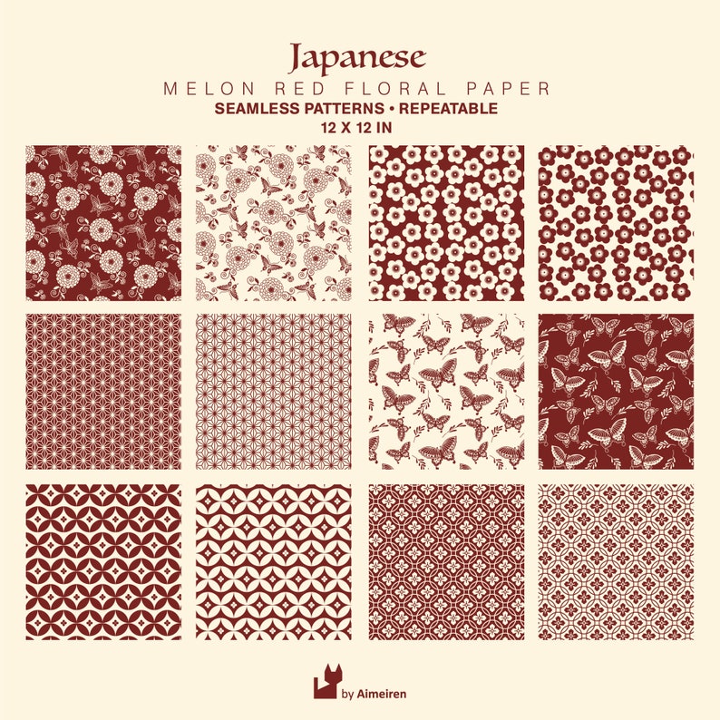 Japanese Floral Digital Paper: Red Sakura, Butterfly Patterns (digital ...