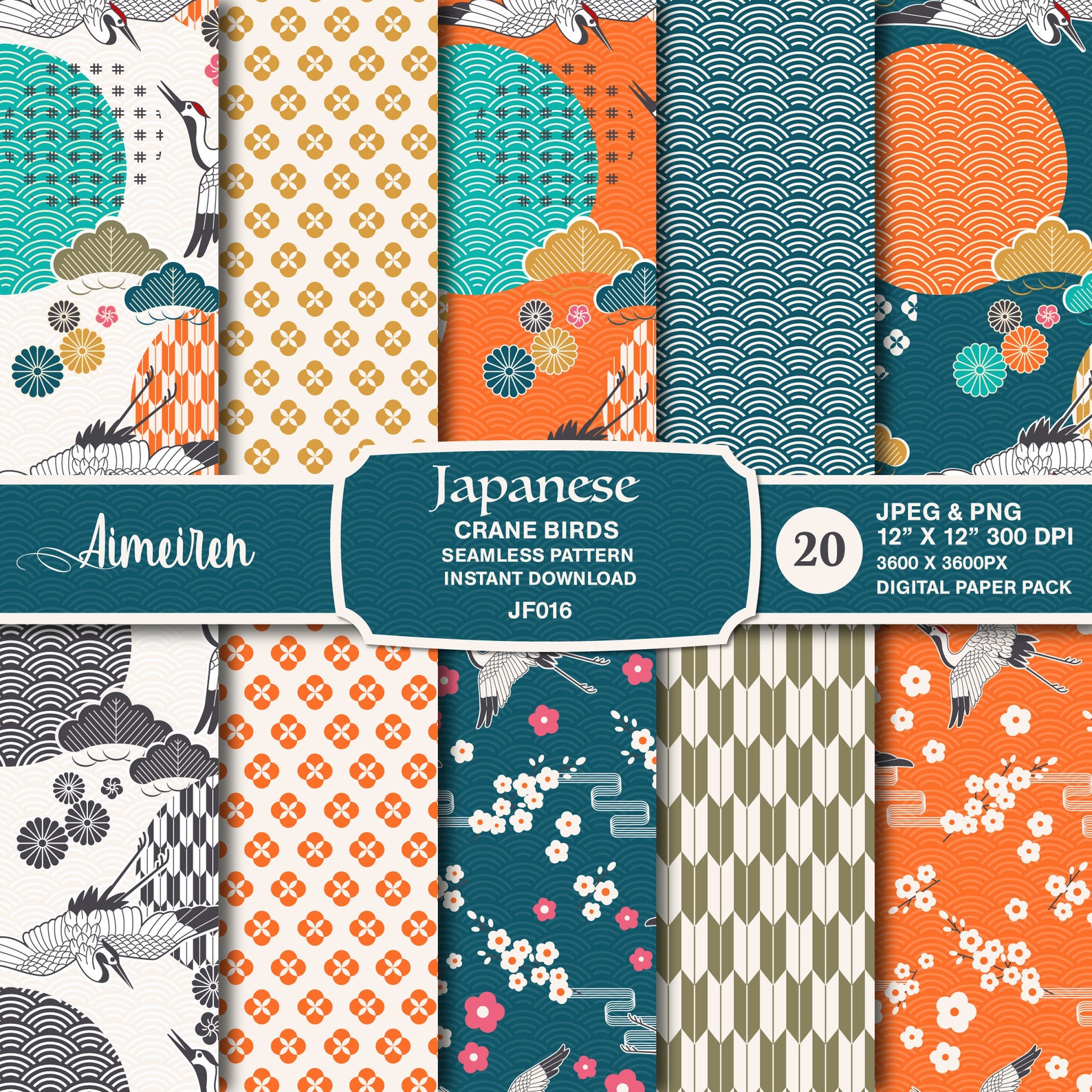 Japanese Cranes Gold Tsuru Vector Kimono Patterns Sakura Vintage ...