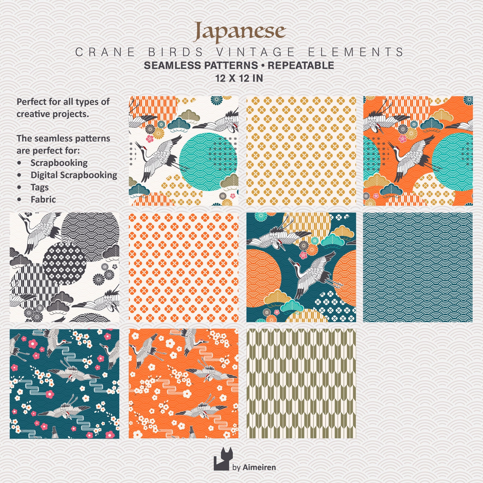 Japanese Cranes Gold Tsuru Vector Kimono Patterns Sakura Vintage ...