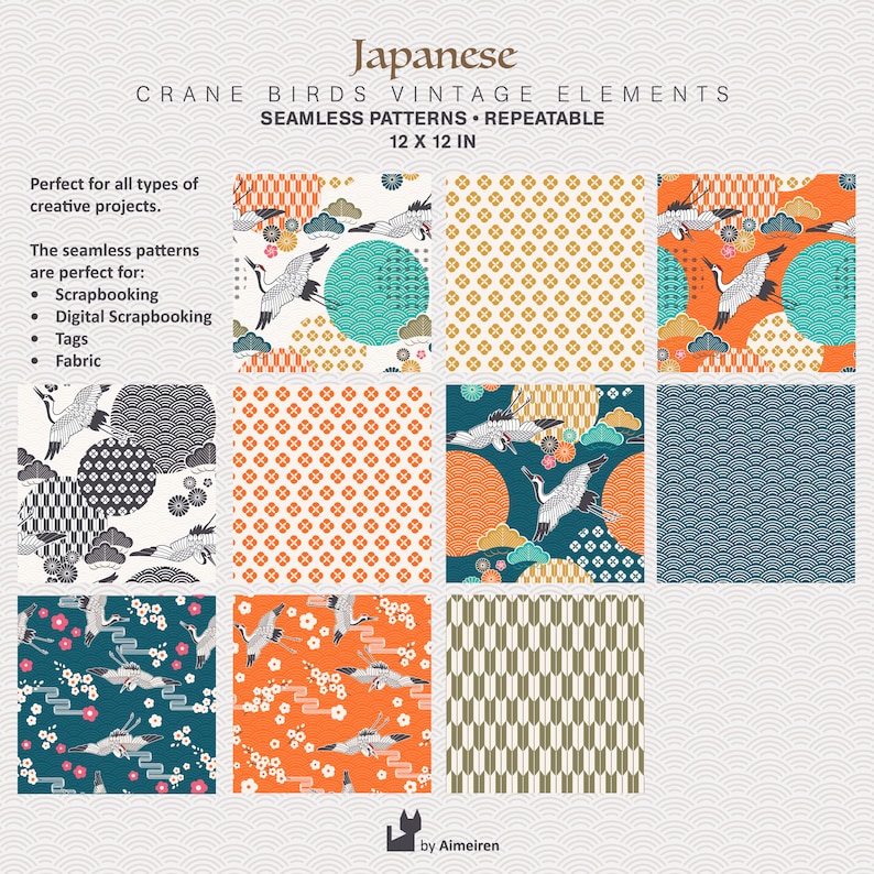 Japanese Cranes Gold Tsuru Vector Kimono Patterns Sakura Vintage ...