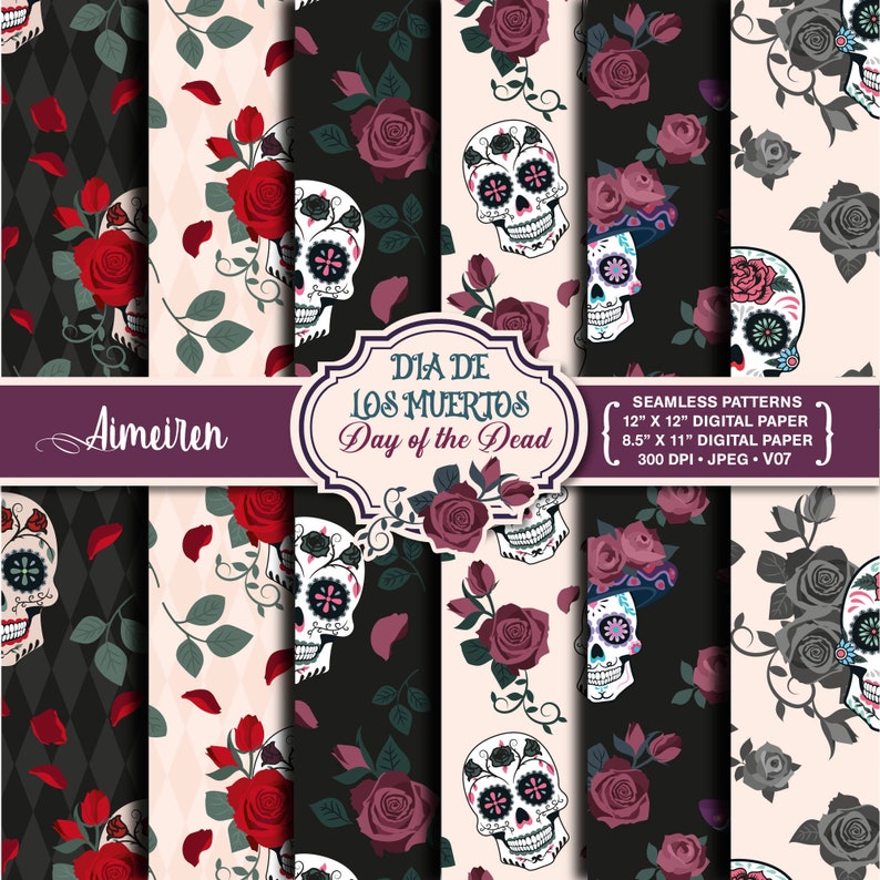 Sugar Skull Scrapbook Paper | Roses | Halloween Papers | Skull Seamless ...