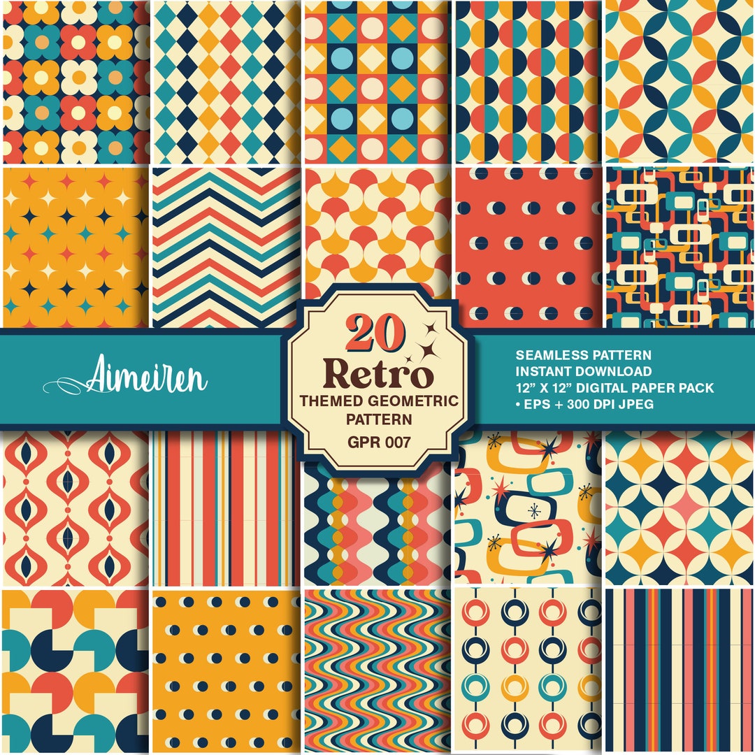 20 Retro Digital Paper, Mid-century, Scrapbook Patterns, 70s, Geometric ...