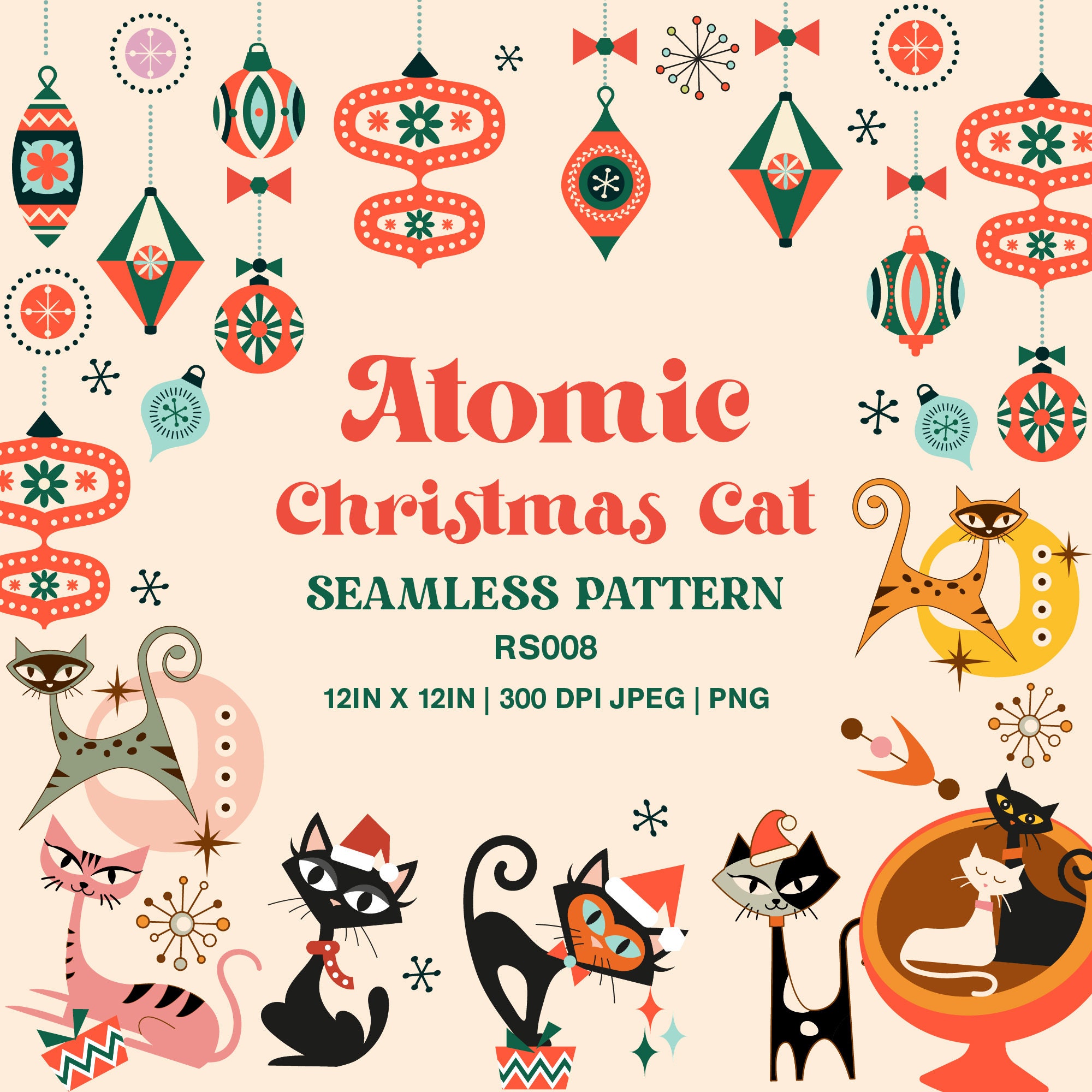 1950s Atomic Christmas Cats Seamless Patterns: Retro Festive Decor ...