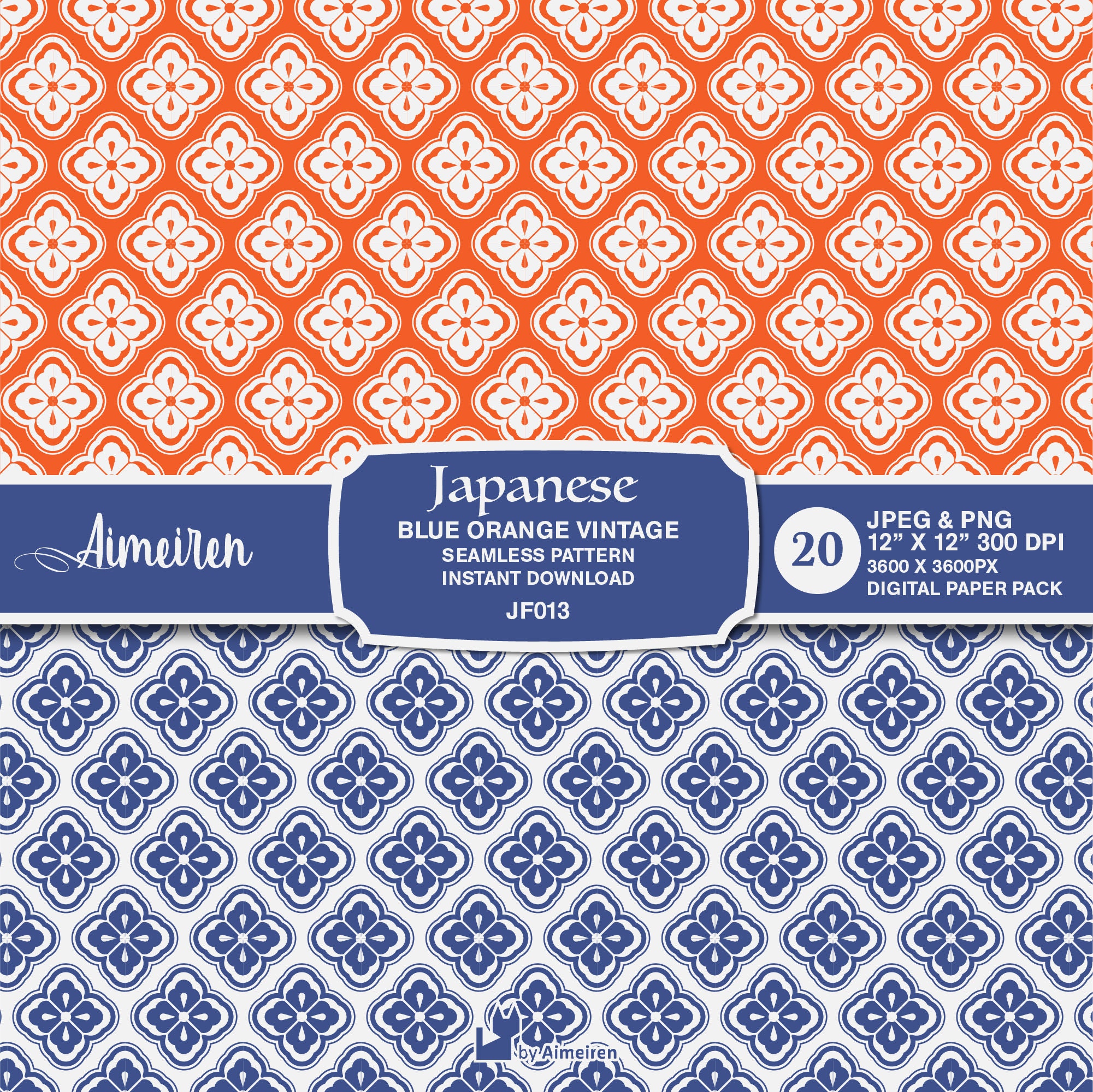 Japanese Seamless Patterns: Blue & Orange Vintage Art (digital Download ...