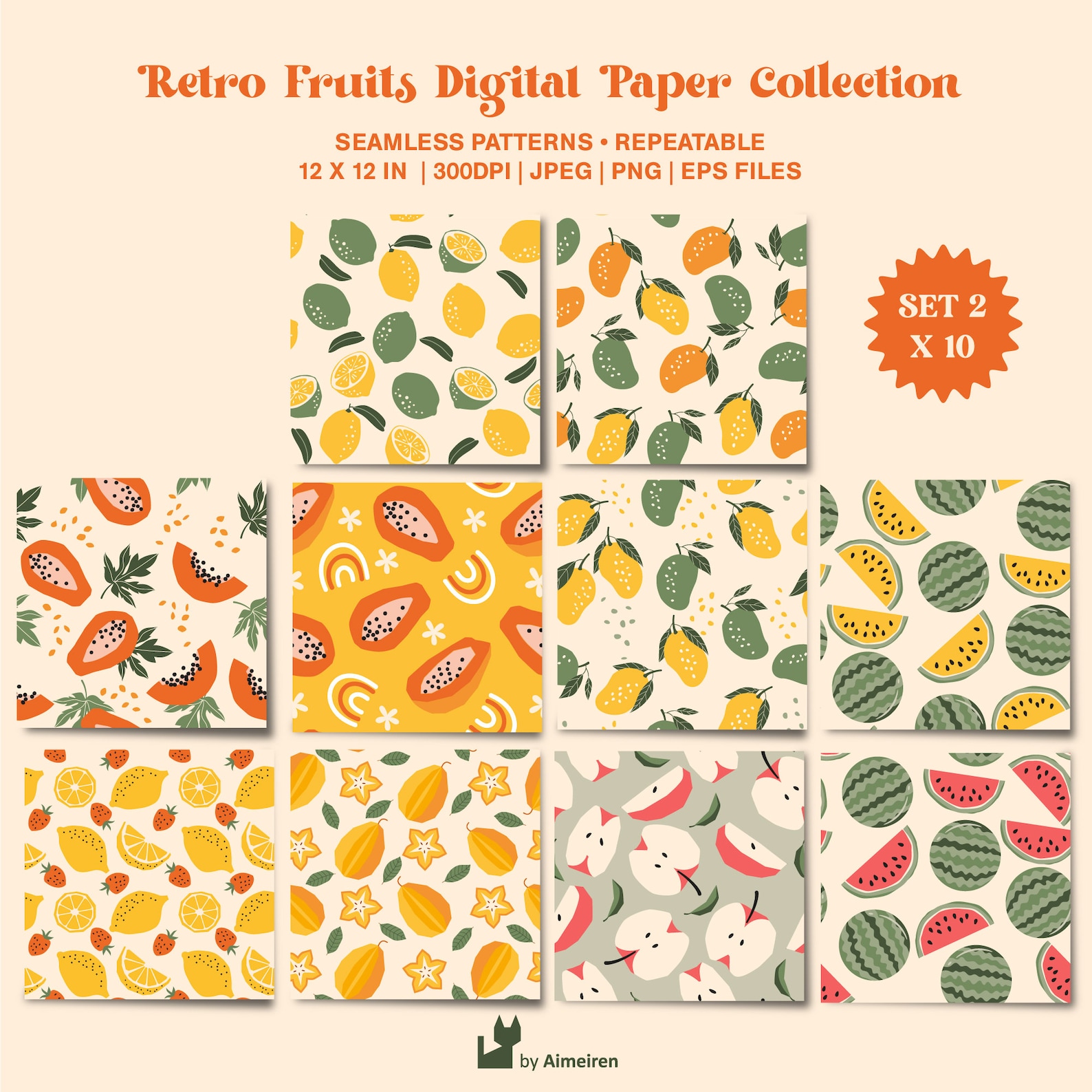 Retro Summer Fruits Seamless Patterns: 80 Cliparts (digital Download ...