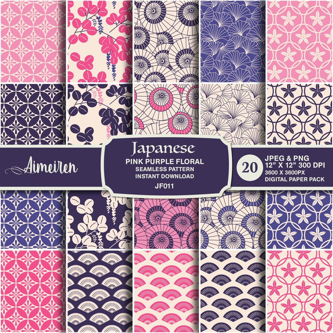 Japanese Floral Seamless Patterns: Pink & Purple Art (digital Download ...