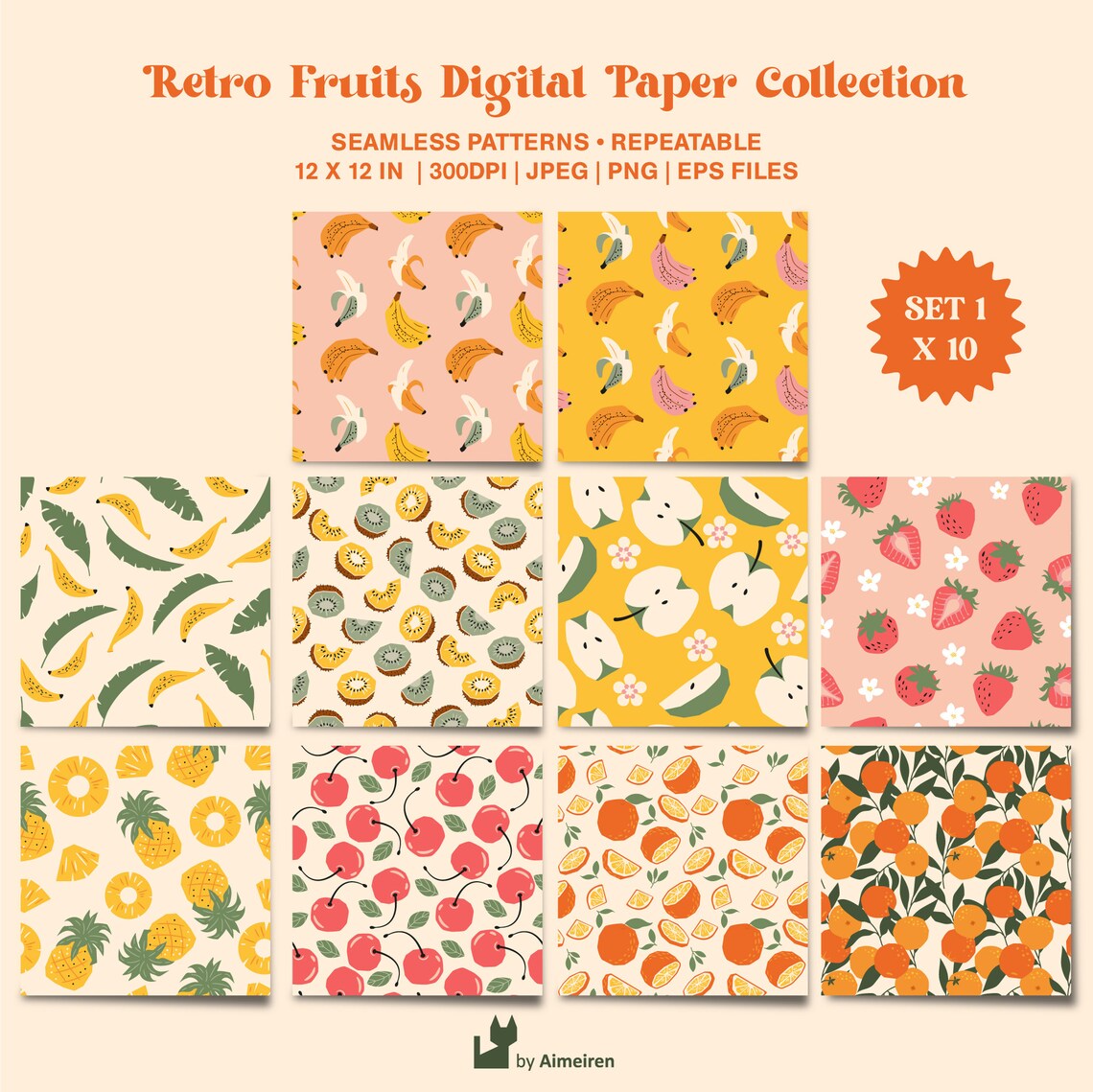 20 Retro Summer Fruits Seamless Patterns 80 Isolated Cliparts Juicy ...