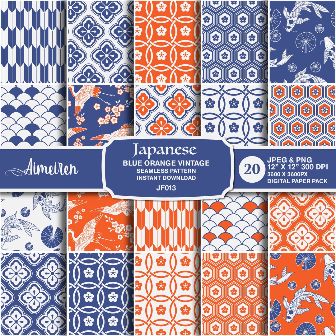 Japanese Seamless Patterns: Blue & Orange Vintage Art (digital Download ...