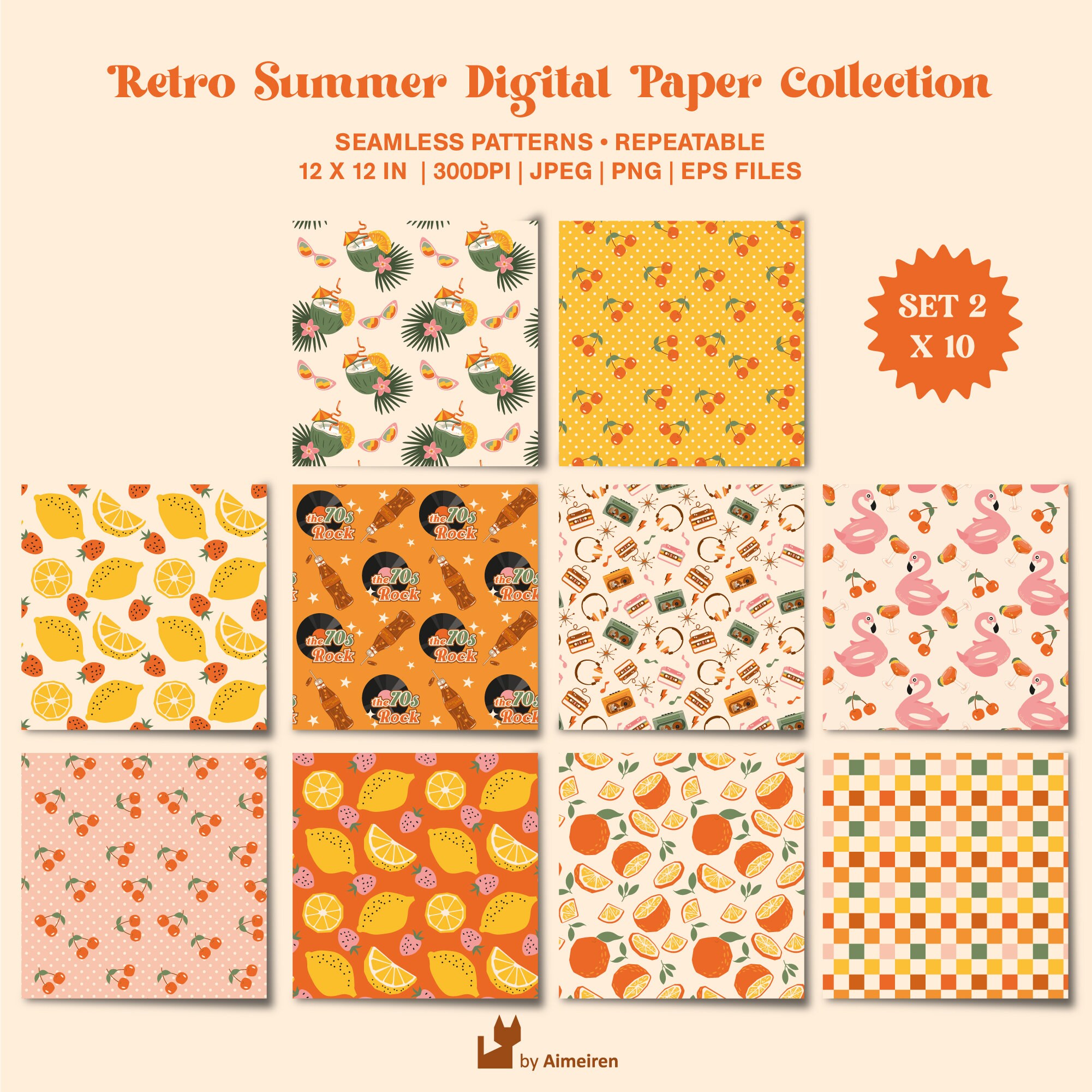 Set of 20 Retro Summer Seamless Patterns Plus Isolated Cliparts With ...