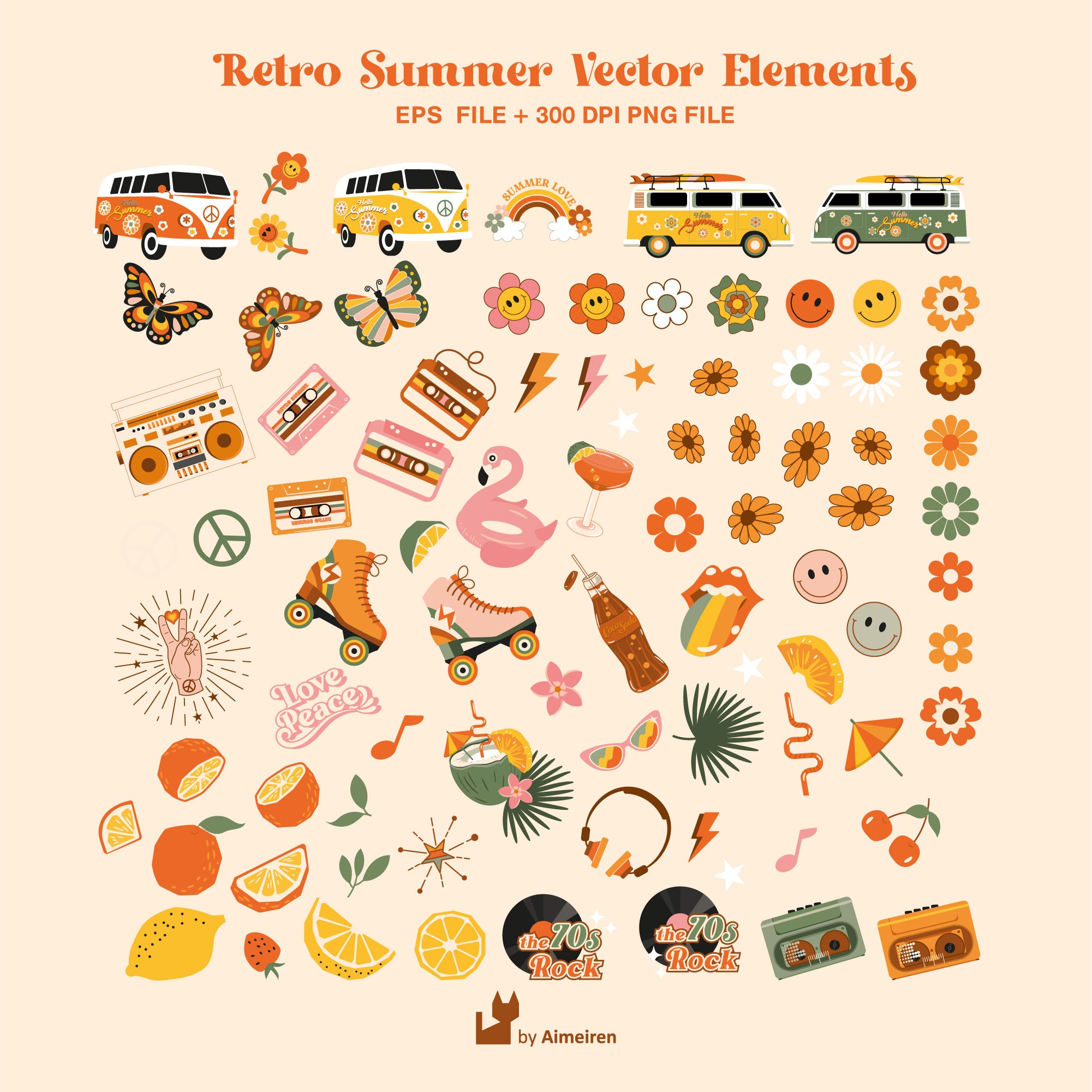 Set of 20 Retro Summer Seamless Patterns Plus Isolated Cliparts With ...