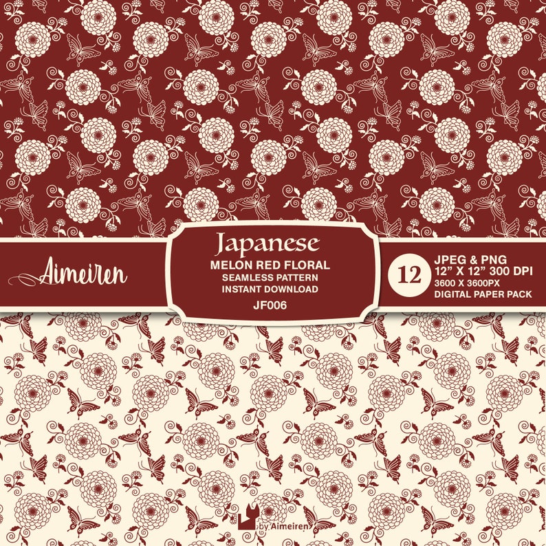 Japanese Floral Digital Paper: Red Sakura, Butterfly Patterns (digital ...