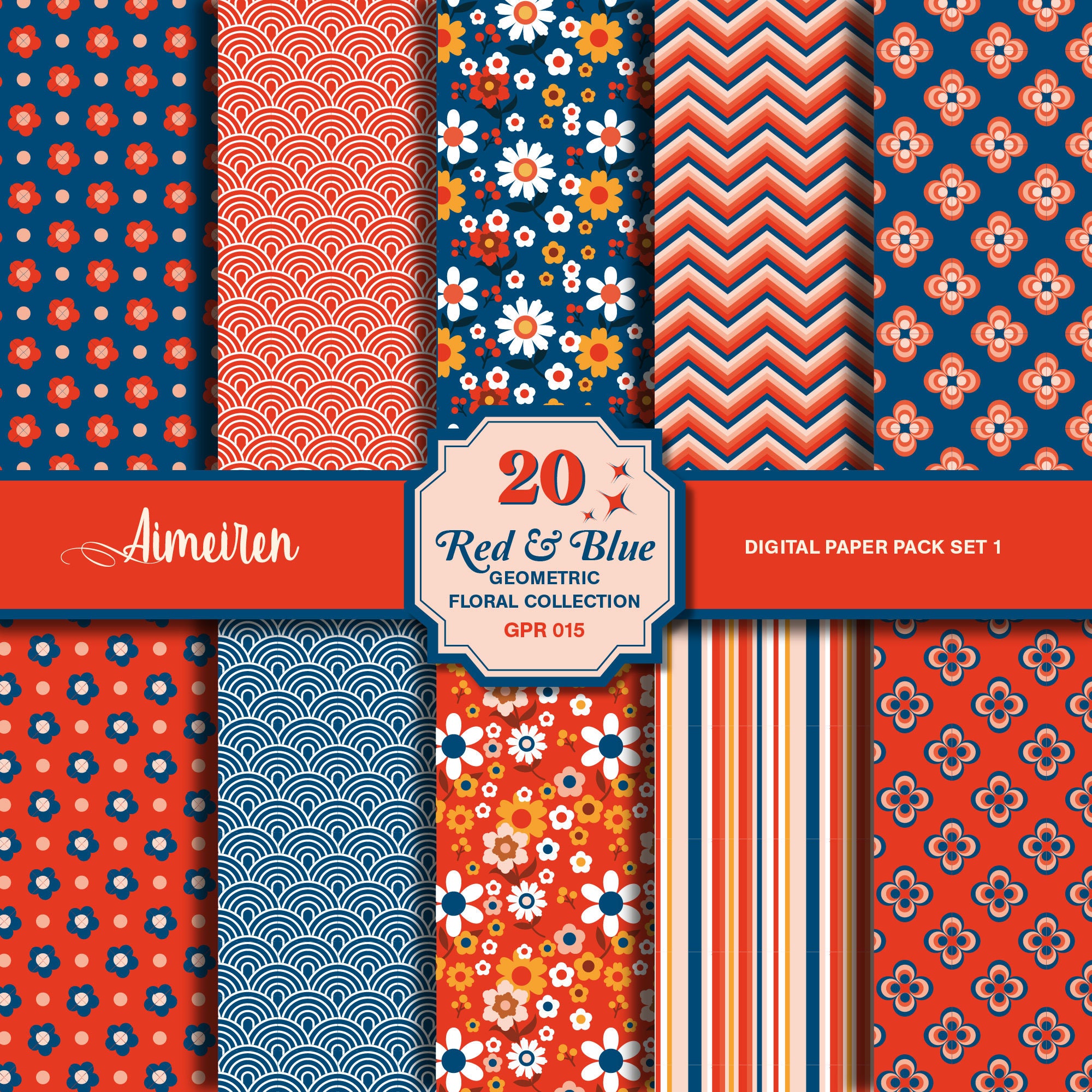 20 Retro Red & Blue Floral Digital Paper, Scrapbook, Junk Journal ...