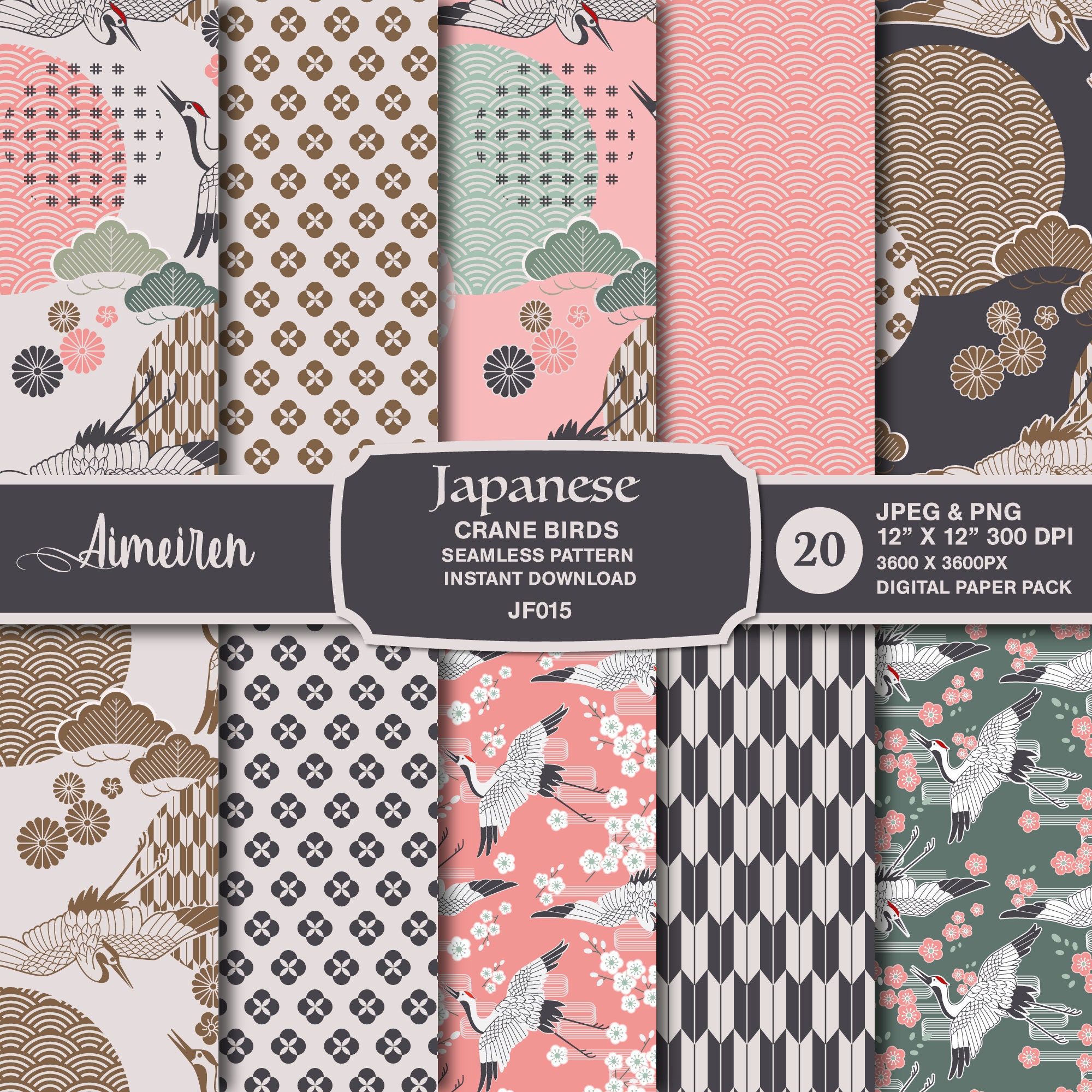 Japanese Cranes Gold Tsuru Vector Kimono Patterns Sakura Vintage ...