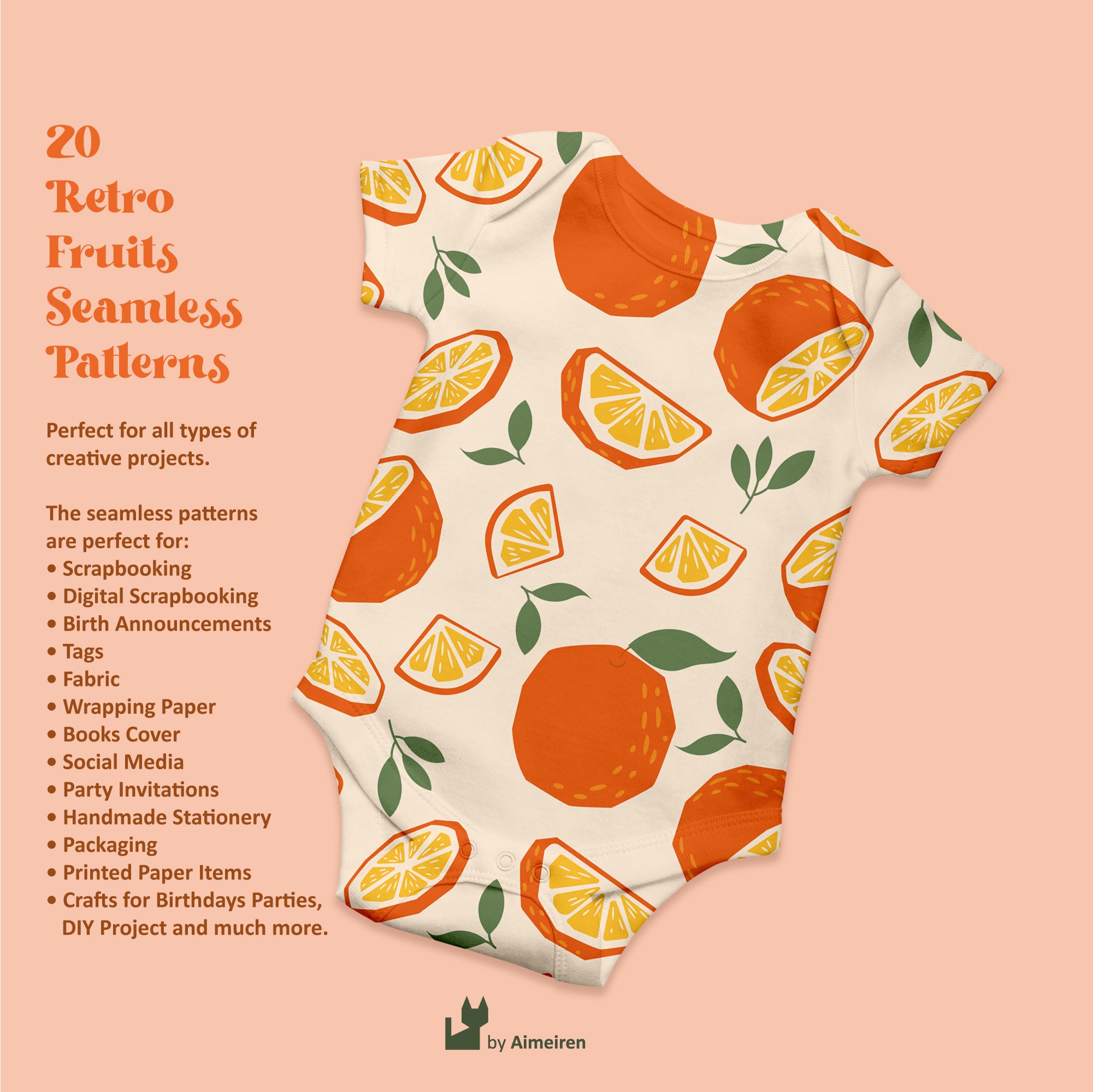 20 Retro Summer Fruits Seamless Patterns 80 Isolated Cliparts Juicy ...