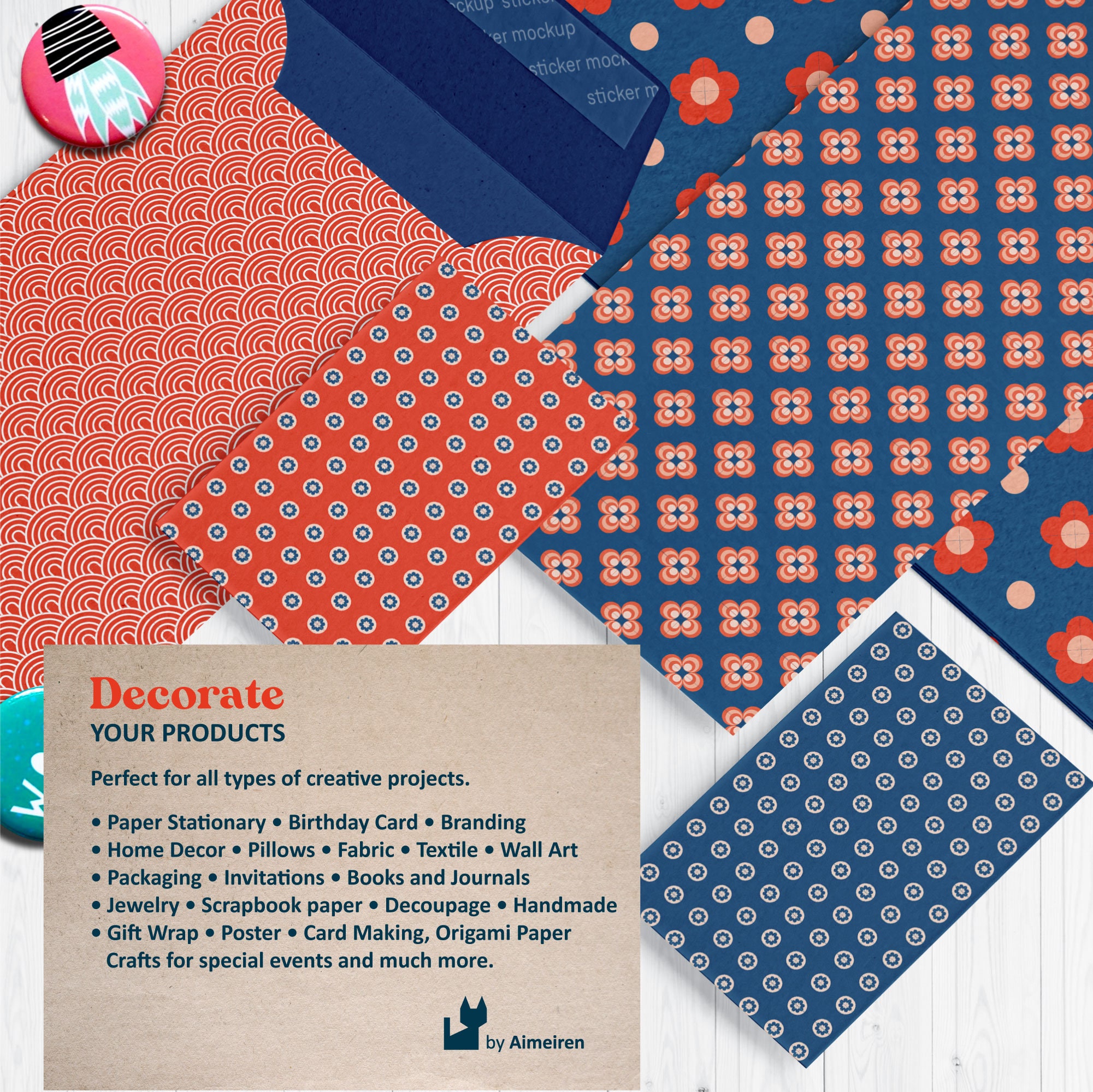 20 Retro Red & Blue Floral Digital Paper, Scrapbook, Junk Journal ...