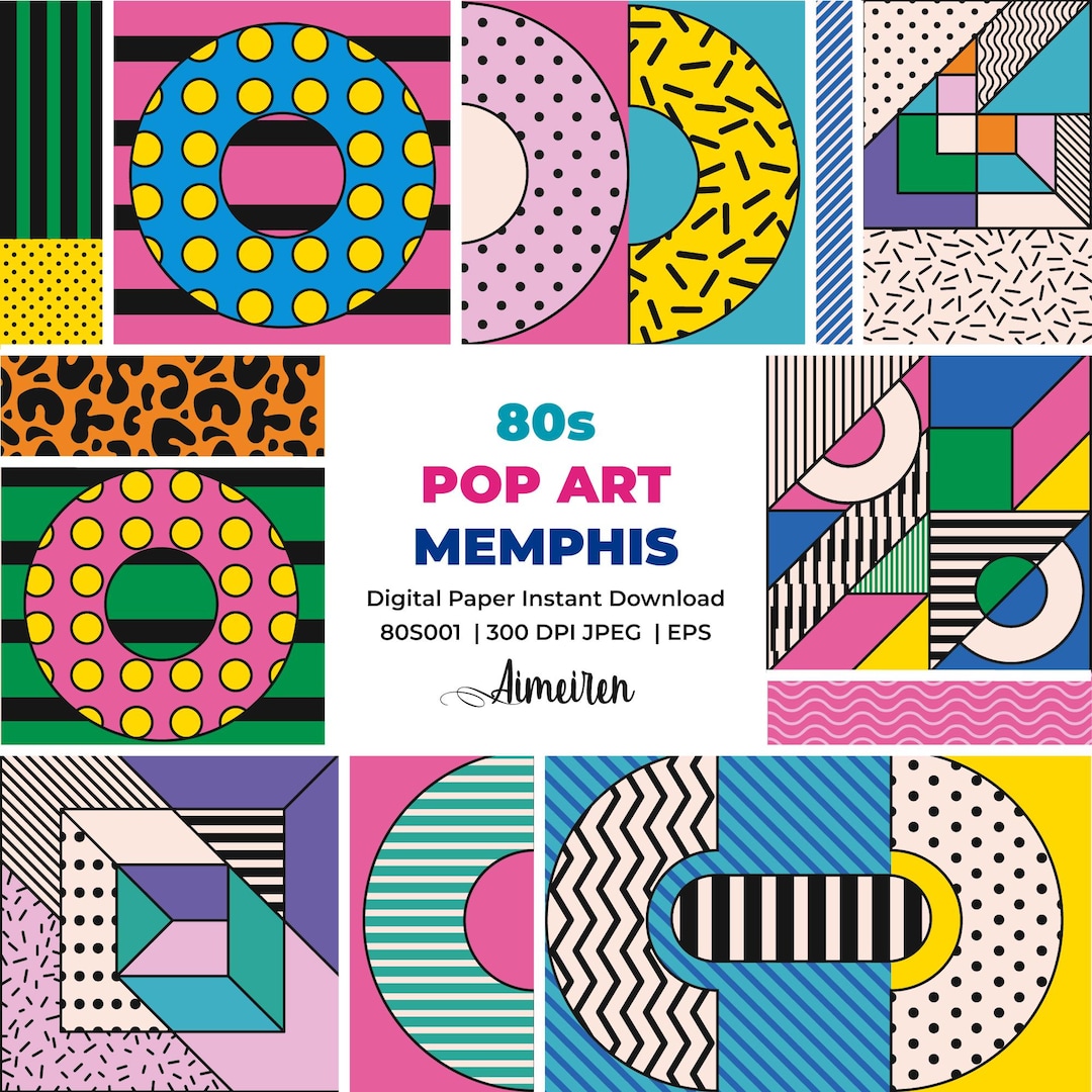 80s Retro Pop Art Memphis Seamless Patterns, Geometric Elements for DIY ...