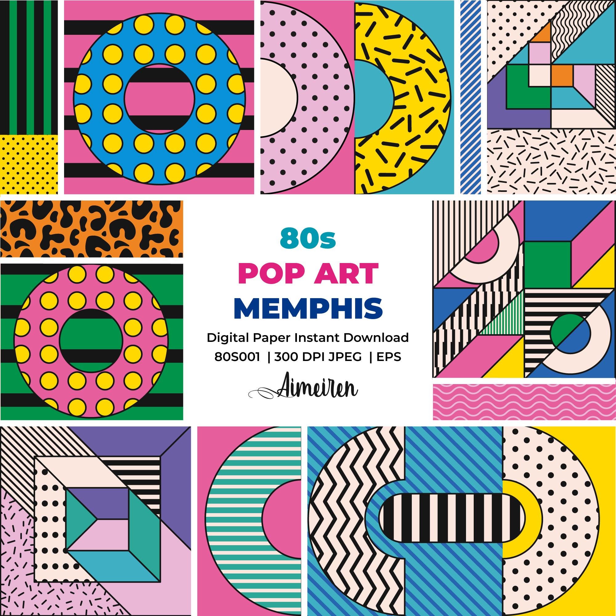 80s Retro Pop Art Memphis Seamless Patterns, Geometric Elements for DIY ...