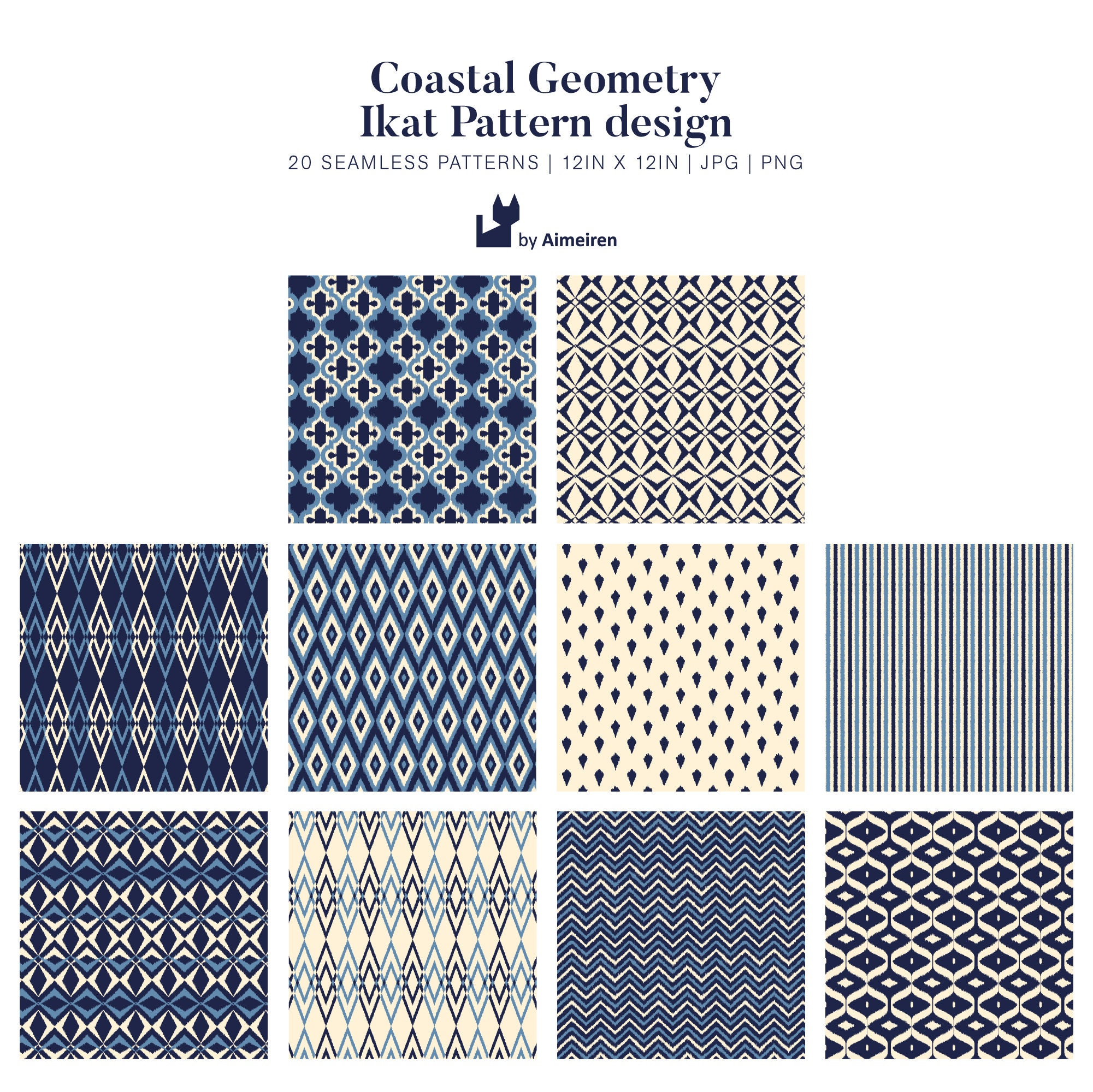Coastal Geometry Ikat Pattern Design | Ocean Blue Ikat Seamless Pattern ...
