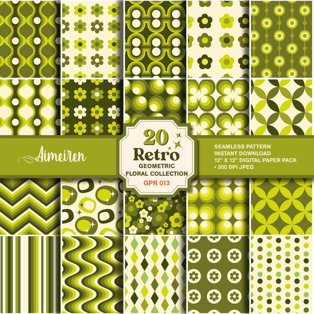 20 Green Retro Digital Paper, Scrapbook Patterns, 70s, Geometric ...