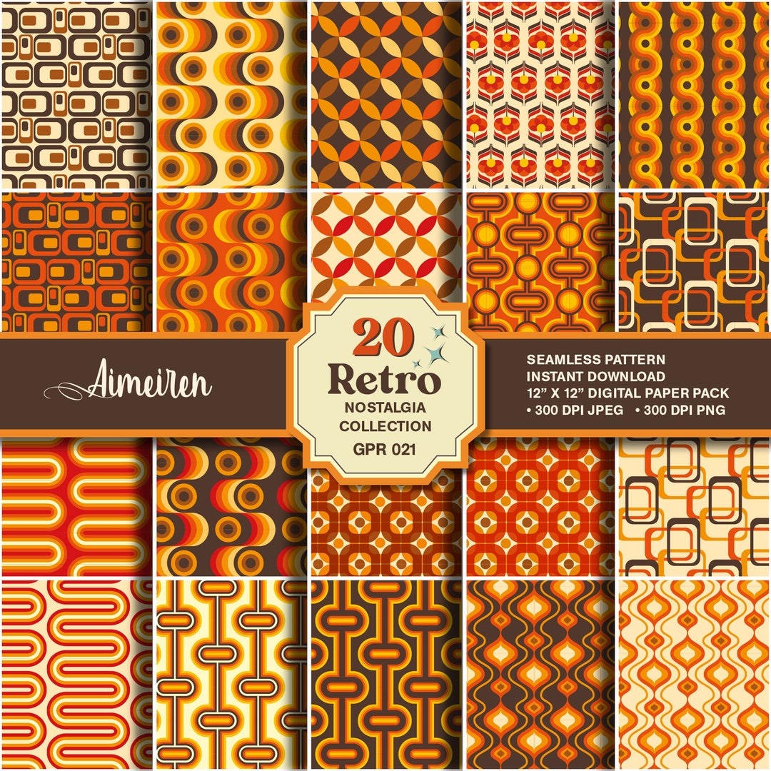 70s Retro Paper Set, Mid-century, Vintage Paper, Seamless Patterns ...
