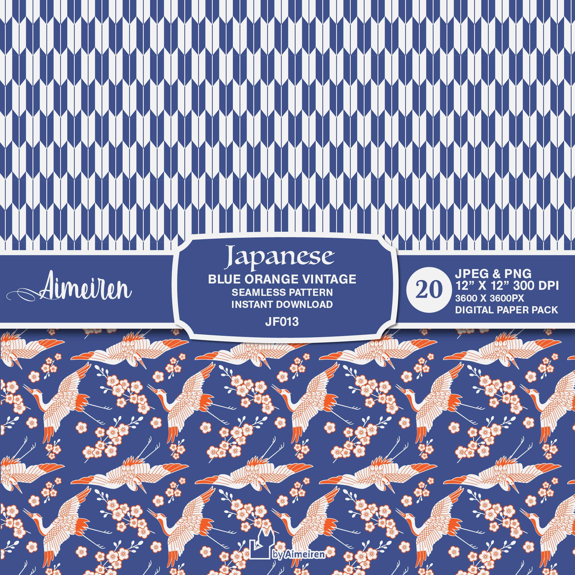 Japanese Seamless Patterns: Blue & Orange Vintage Art (digital Download ...