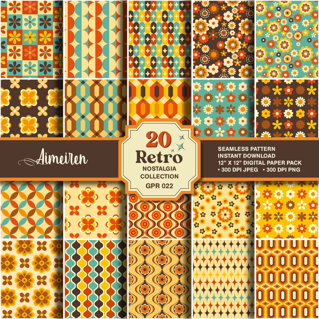 70s Retro Paper Set, Vintage Vector Abstract, Flora Seamless Patterns ...