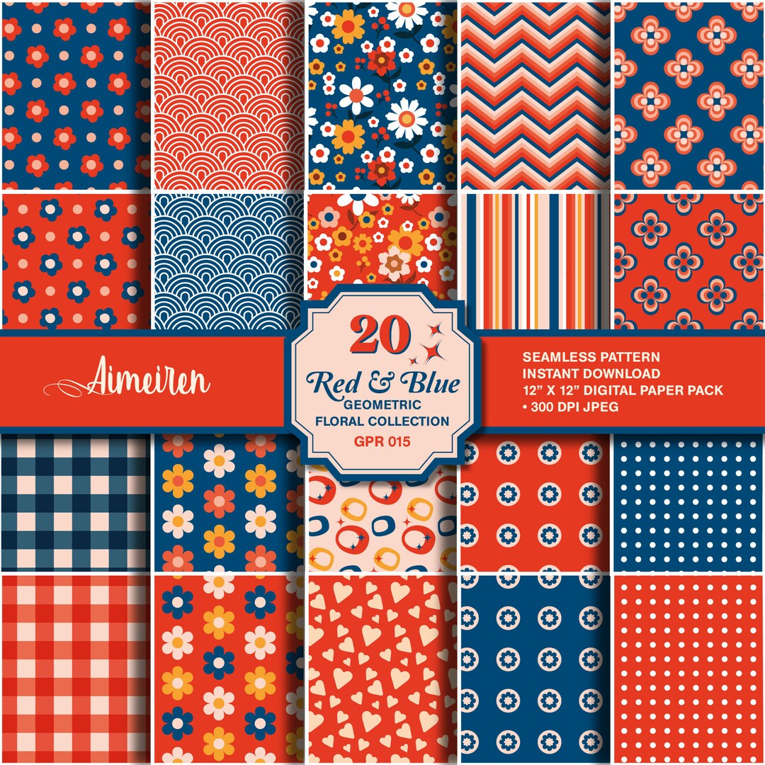 20 Retro Red & Blue Floral Digital Paper, Scrapbook, Junk Journal ...