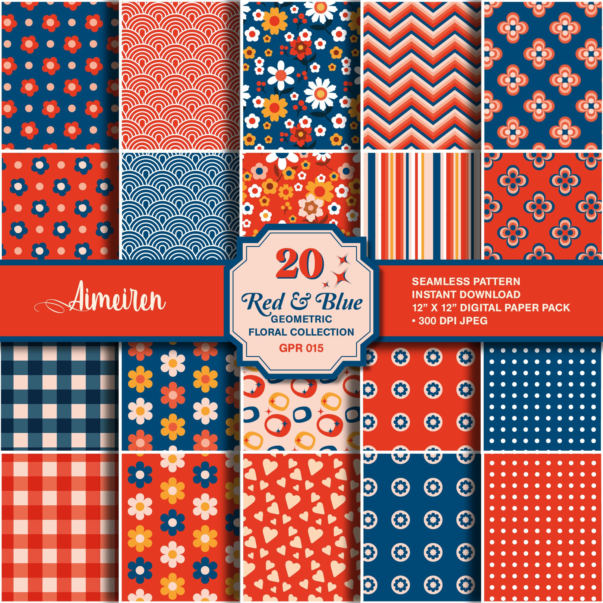 20 Retro Red & Blue Floral Digital Paper, Scrapbook, Junk Journal ...