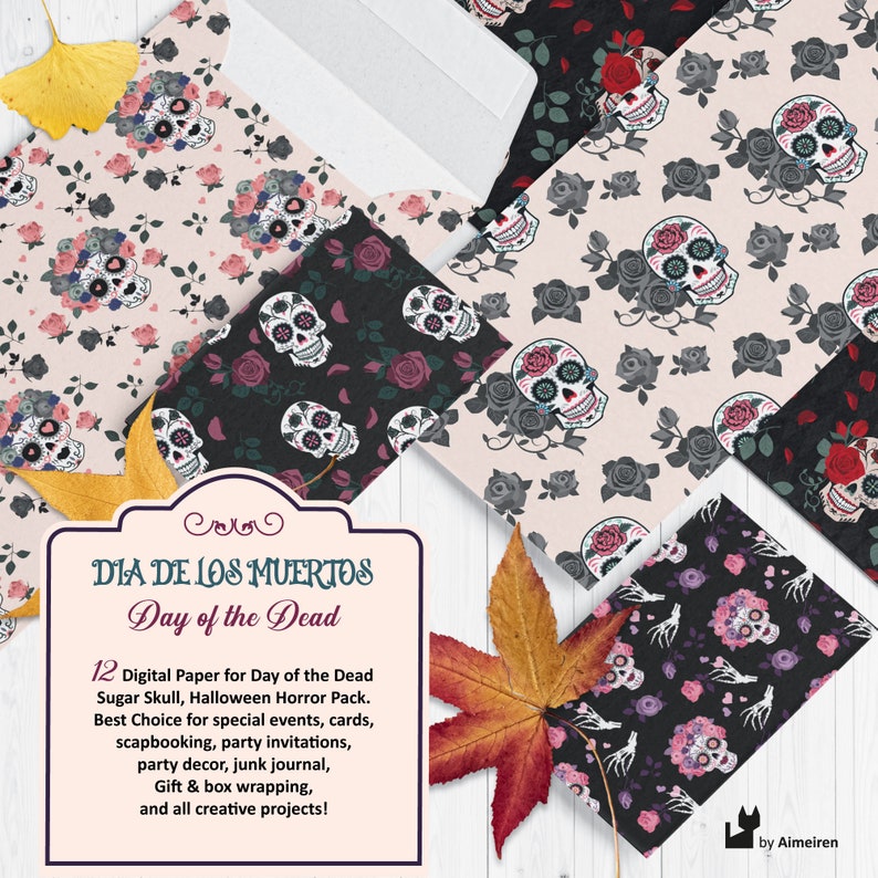 Sugar Skull Scrapbook Paper | Roses | Halloween Papers | Skull Seamless ...