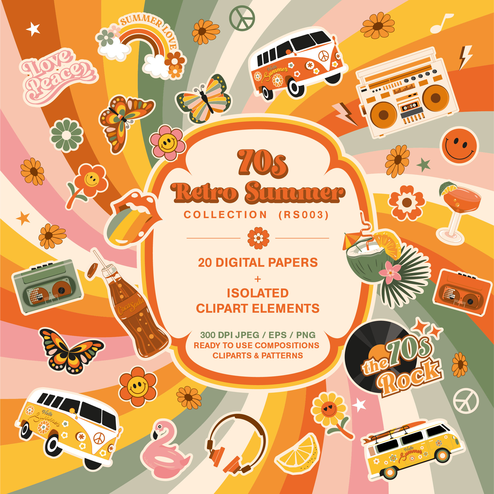 Set of 20 Retro Summer Seamless Patterns Plus Isolated Cliparts With ...