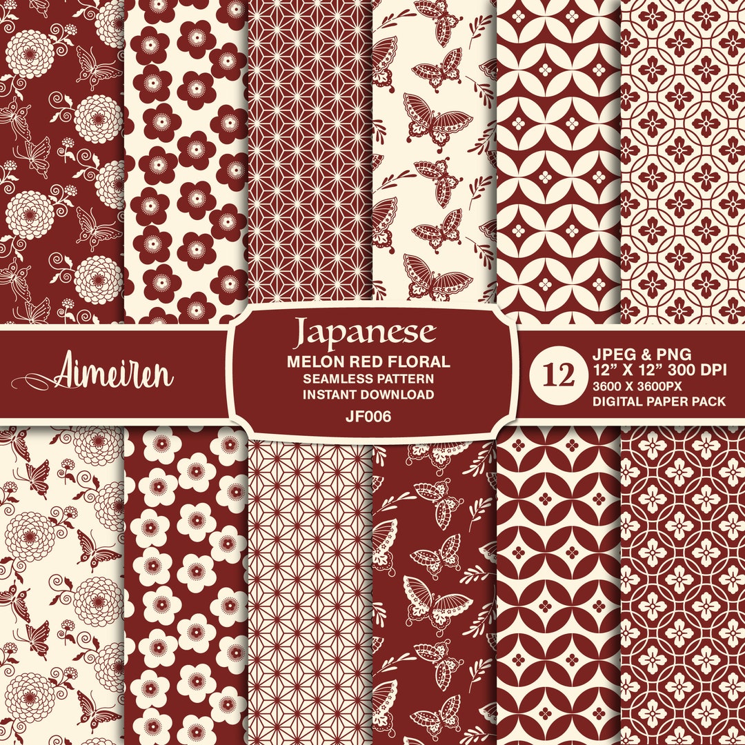 Japanese Floral Digital Paper: Red Sakura, Butterfly Patterns (digital ...