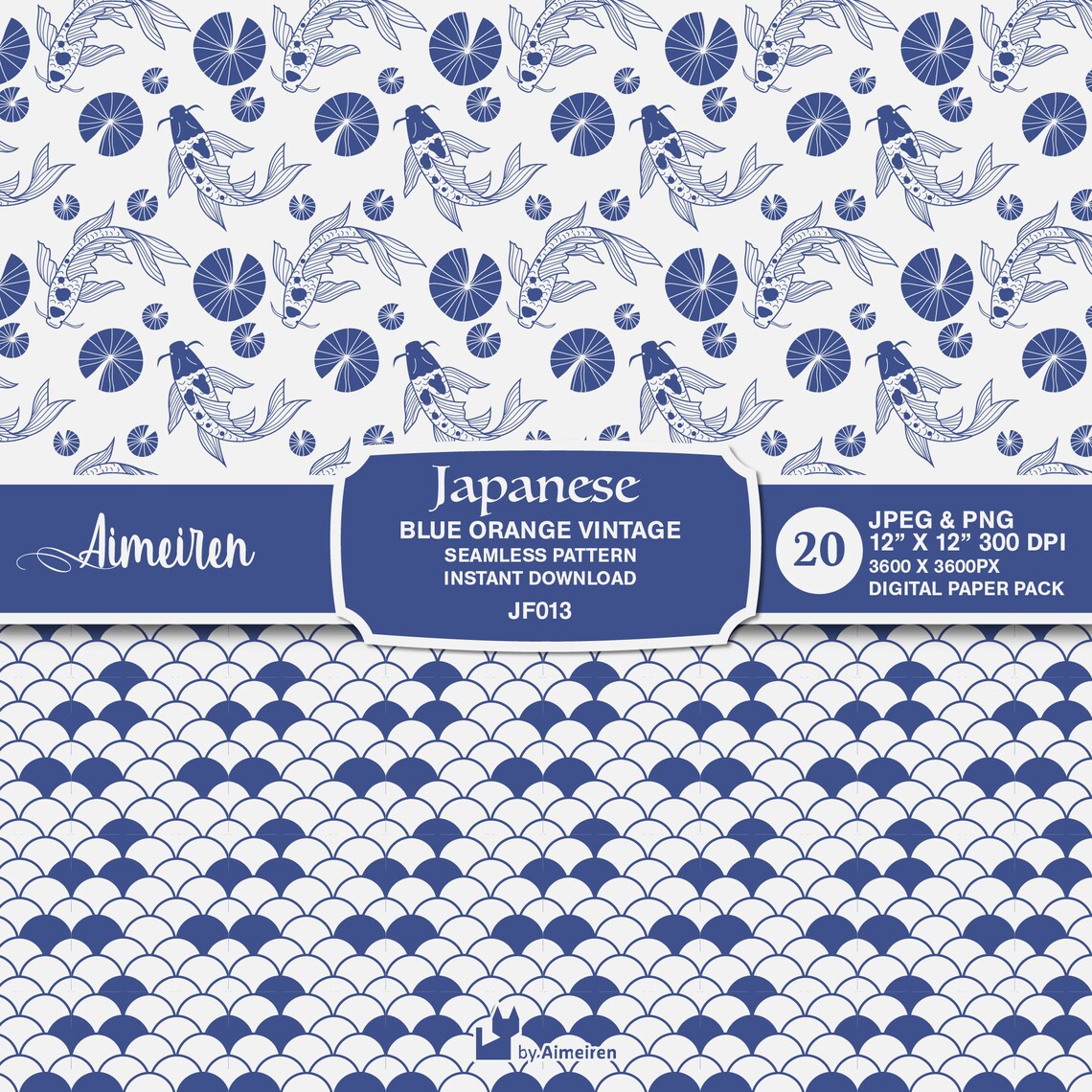 Japanese Seamless Patterns: Blue & Orange Vintage Art (digital Download ...