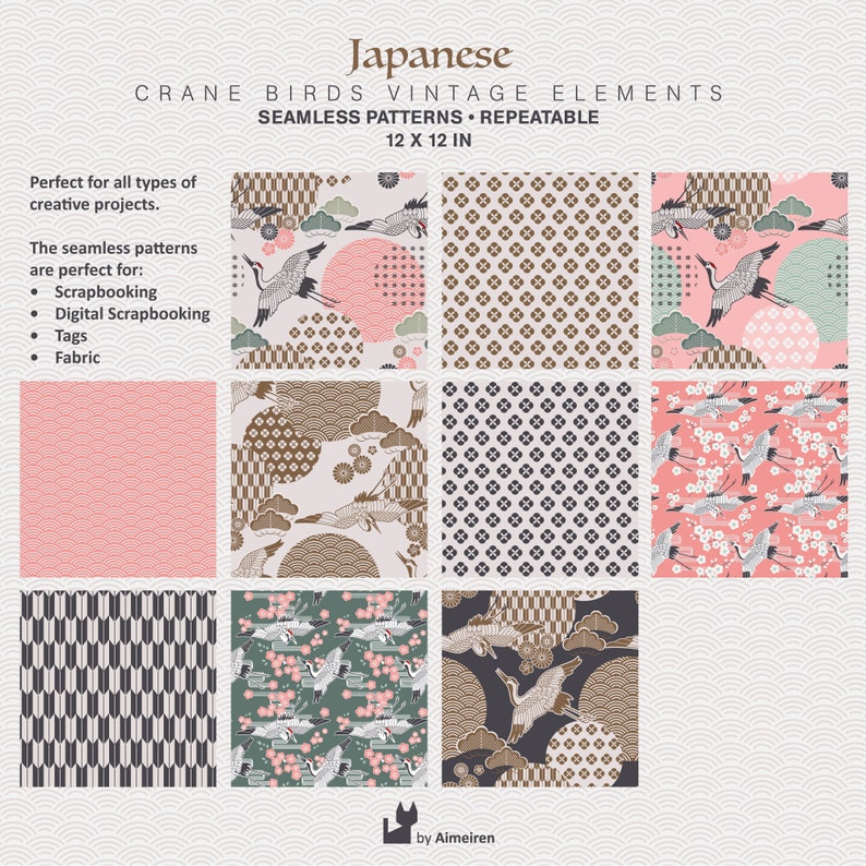 Japanese Cranes Gold Tsuru Vector Kimono Patterns Sakura Vintage ...
