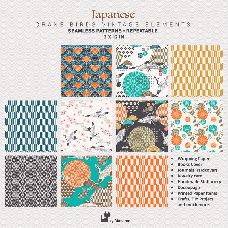 Japanese Cranes Gold Tsuru Vector Kimono Patterns Sakura Vintage ...