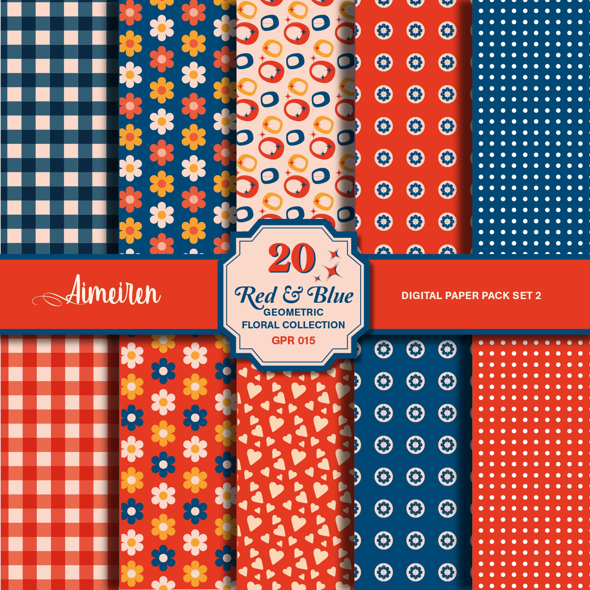 20 Retro Red & Blue Floral Digital Paper, Scrapbook, Junk Journal ...