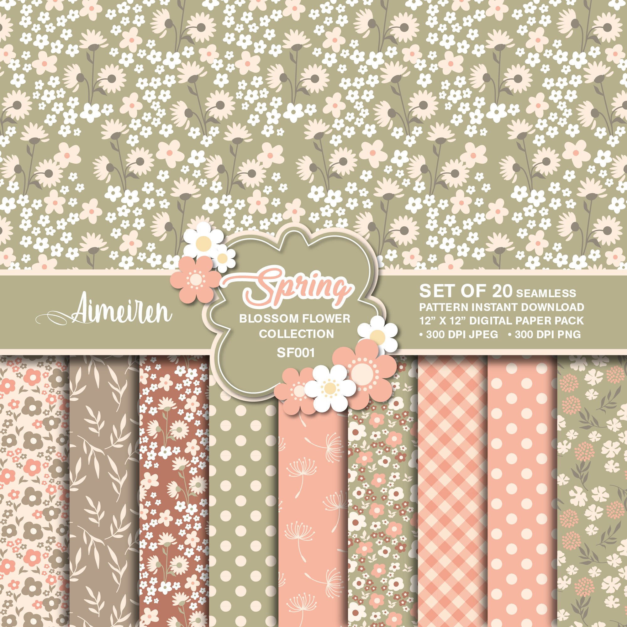 Digital Paper Pack HELLO DAISY, Daisy Floral Spring Seamless Pattern ...