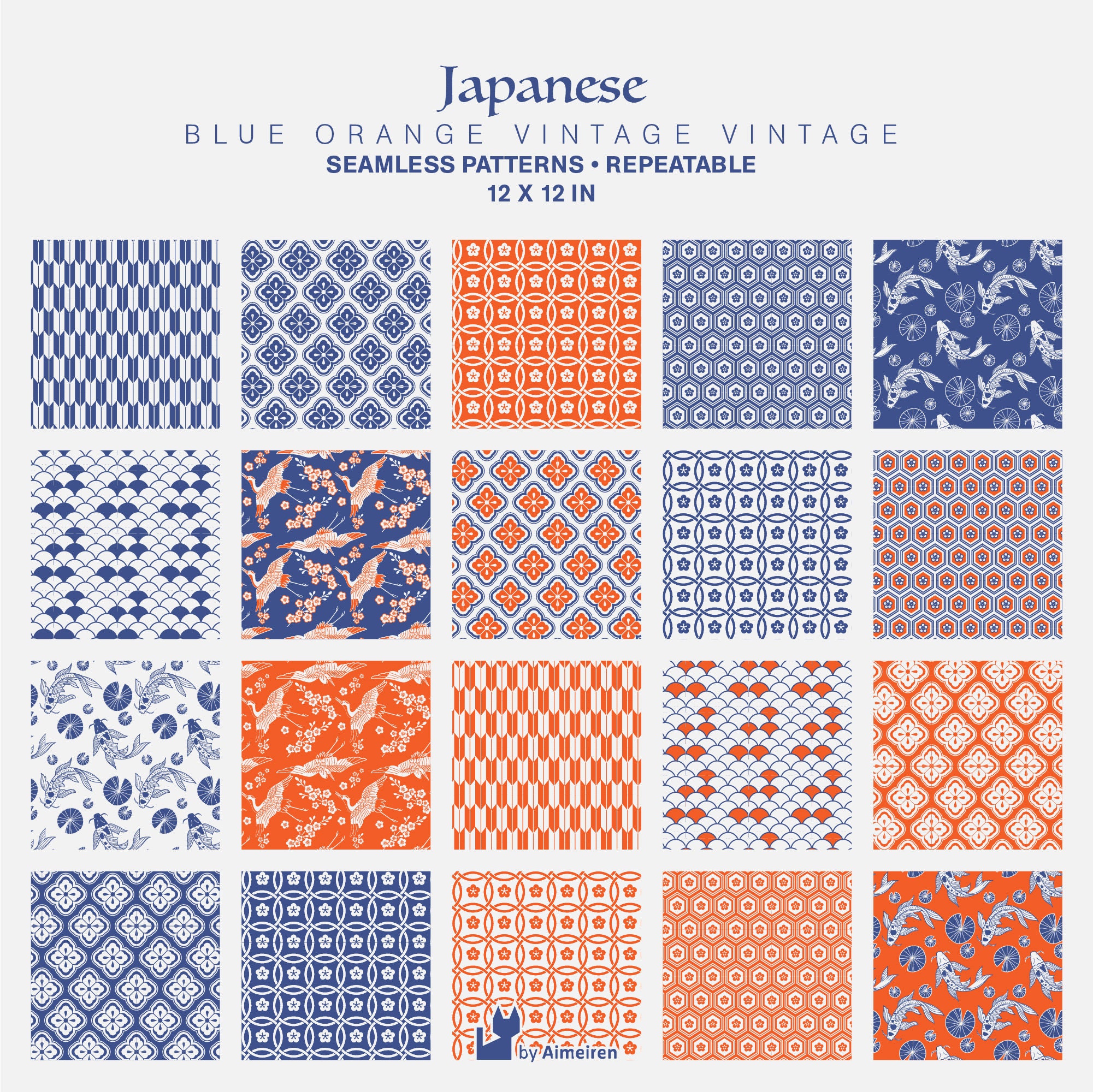 Japanese Seamless Patterns: Blue & Orange Vintage Art (digital Download ...