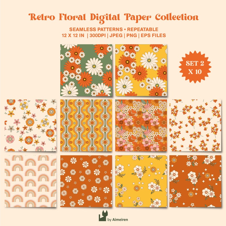 20 Retro Summer Floral Seamless Pattern Plus Isolated Flower Vector ...