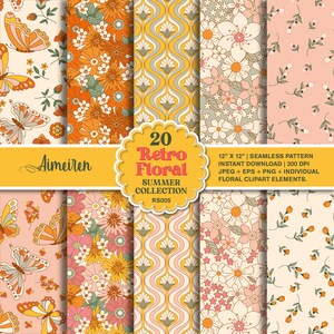 Retro Floral Seamless Pattern Set: 70s Fashion Graphics (digital ...