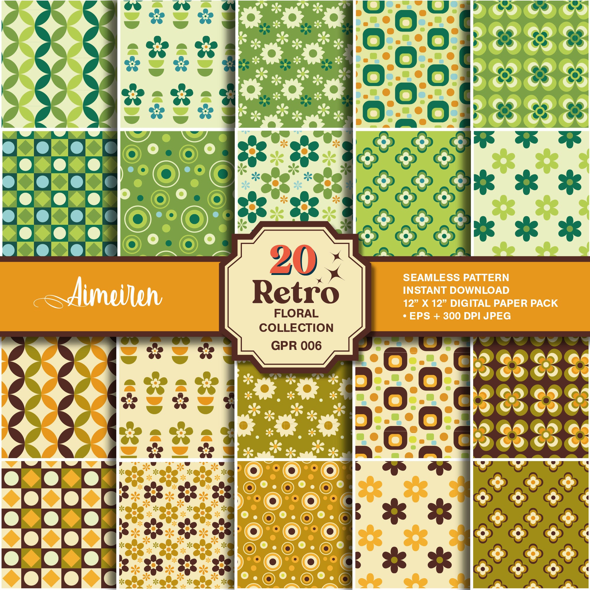 20 Retro Color, Autumn Breeze Scrapbook Paper, 70s Design, Geometric ...