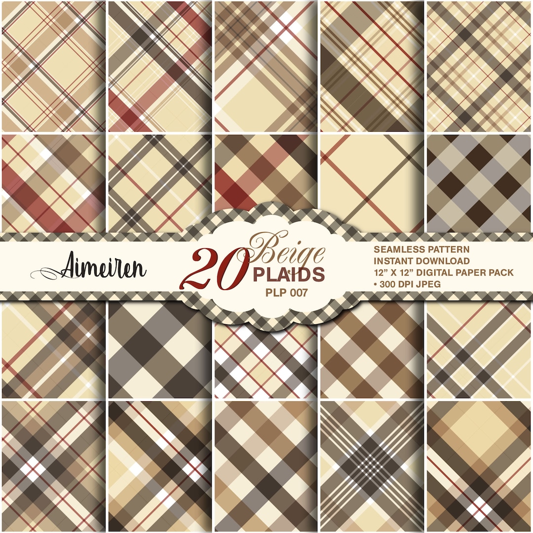 20 Plaid Digital Paper, Beige, Red, Black Color Classic Tartan Digital ...