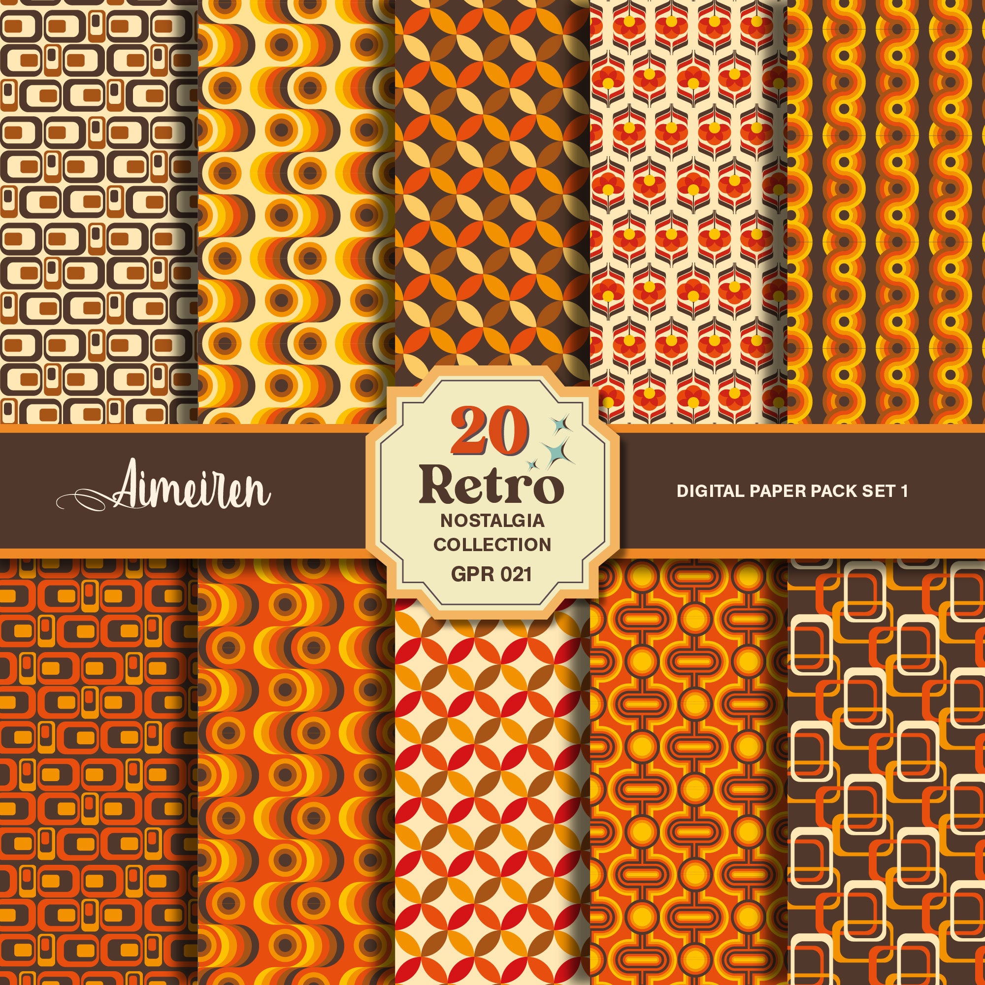 70s Retro Paper Set, Mid-century, Vintage Paper, Seamless Patterns ...