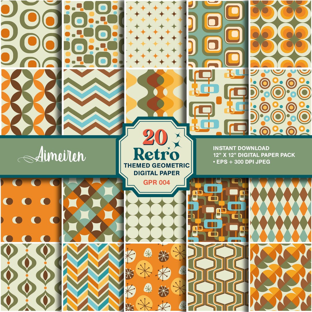 20 Retro Digital Paper, Mid-century Scrapbook, Patterns, 70s, Geometric ...