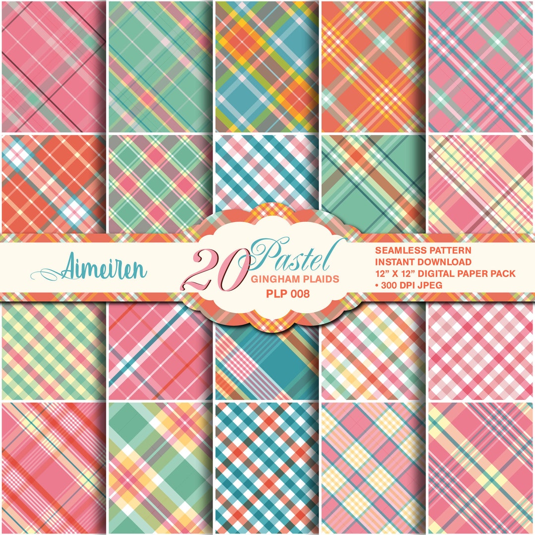 20 Pastel Pink, Green, Blue & Orange Plaid Digital Paper, Pastel Checks ...